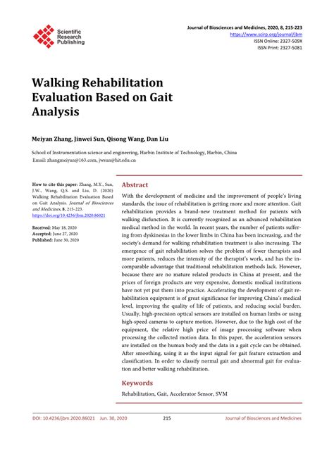 Pdf Walking Rehabilitation Evaluation Based On Gait Analysis