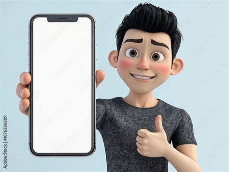3d Animated Male Character Showing Smartphone With White Blank Screen Mockup Stock Illustration