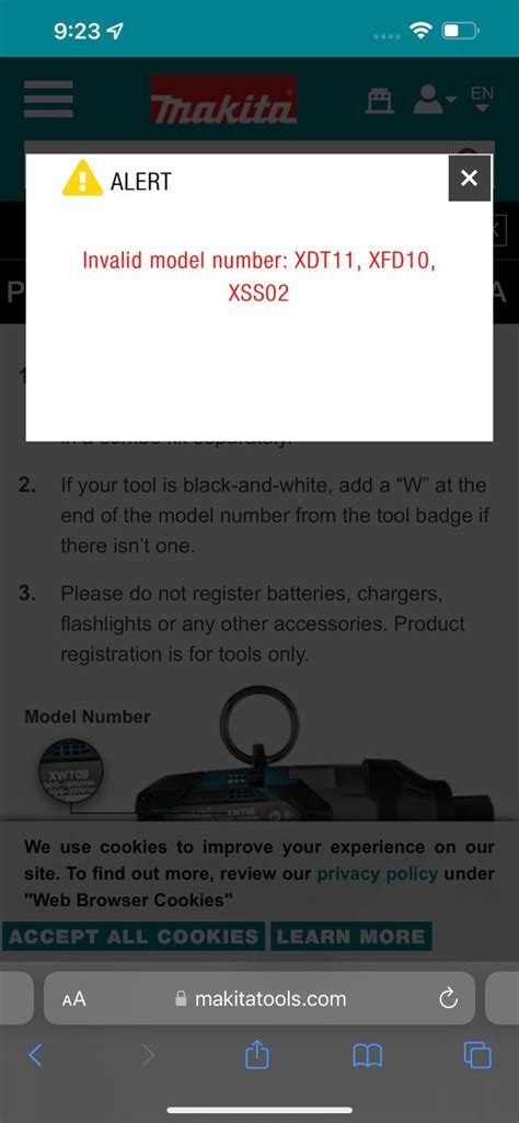 model number invalid when trying to register online r makita