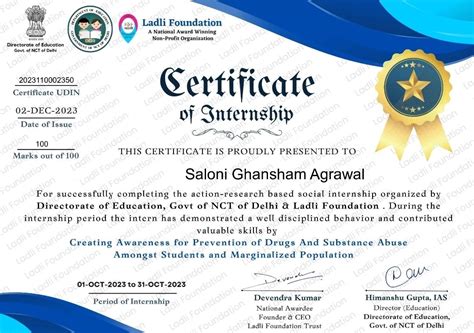 Certificate Of Assignment 3 Ladli Foundation Directorate Of Education Saloni Agrawal