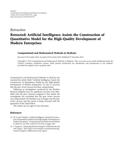 Pdf Retracted Artificial Intelligence Assists The Construction Of Quantitative Model For The