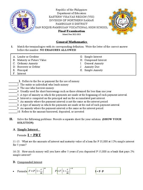 General Mathematics Final Exam Pdf Interest Compound Interest