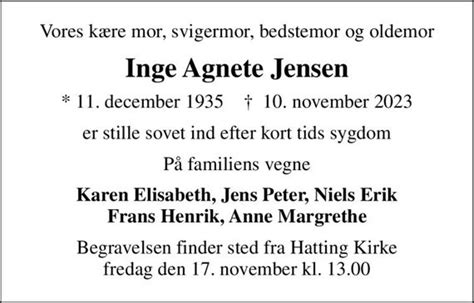Inge Agnete Jensen Dødsannoncer I Danmark