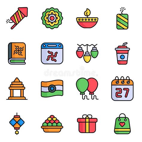 Diwali Icons Set Colored Outline Vector Editable Icons Stock Vector