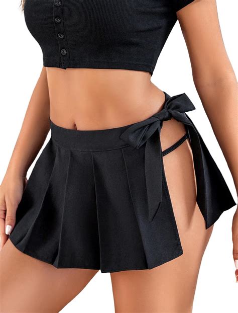 Adome Women Pleated Mini Skirt Role Play Solid Lingerie Skirts Black