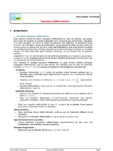 Livret Équation Différentielle Cours Et Exercices Pdf