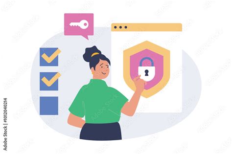 Cyber Security Concept In Modern Flat Design For Web Woman Using Many Step Authentication With