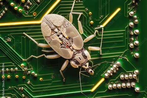 Hardware Bug Concept Cybernetic Insect Is Sitting On The Green Computer Hardware Motherboard