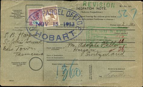 2 Brown Single Cat 4000 On Cover And Tasmania 10d Tablet On 1913 Nov 15 Despatch Note 2 Brown Single Cat 4000 On Cover And Tasmania 10d Tablet On 1913 Nov 15 Despatch Note