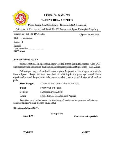 Undangan Kerja Bakti Desa Adipuro Pdf