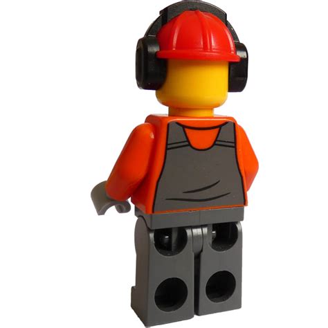 Lego Construction Worker Male With Gray Overalls And Helmet With Ear
