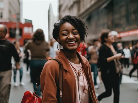 Premium Ai Image A Woman Standing In The Middle Of A Crowded Street