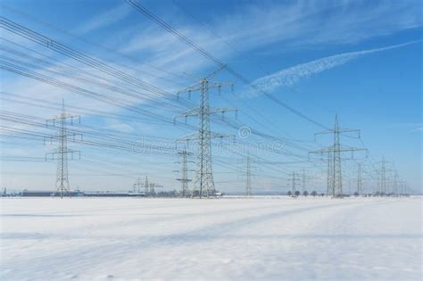 A Lot Of High Voltage Power Line On The Snowy Field Electrical Energy Transmission Tower