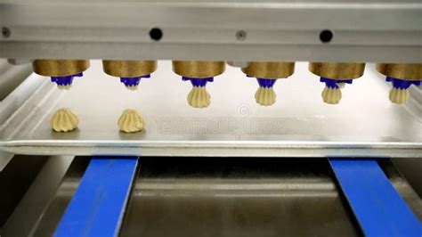 Industrial Cookie Machine Forming A Line Of Uncooked Cookies On A Metal