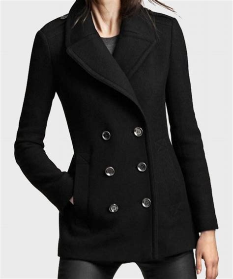 Womens Black Wool Peacoat Double Breasted Wool Coat Jacketars