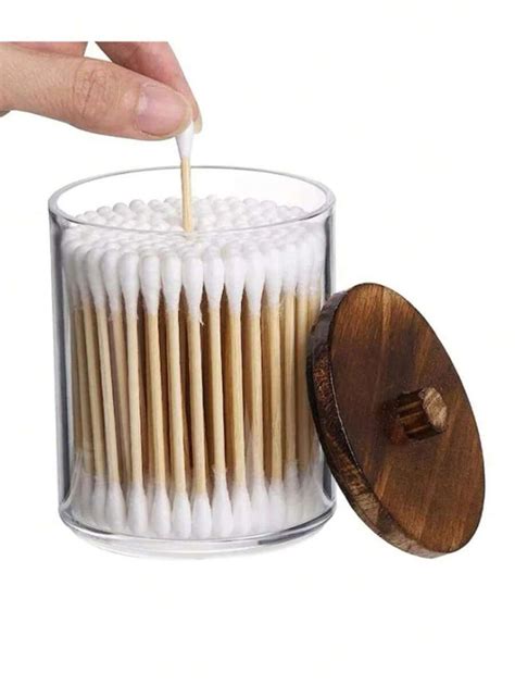 1 Pc Acrylic Qtip Holder With Bamboo Lid Clear Small Swab Dispenser Plastic Ear Stick Swabs