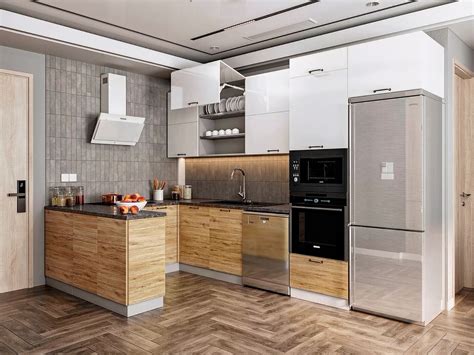 Купить угловую кухню с полуостровом Белый верх низ под дерево Лофт 05