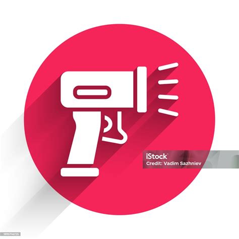 흰색 스캐너 스캔 바코드 아이콘은 긴 그림자로 분리되어 있습니다 바코드 라벨 스티커 막대로 배달을 위한 신분증 빨간색 원