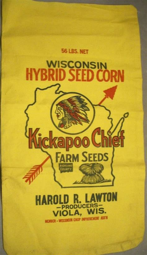 Vintage Kickapoo Chief Hybrid Seed Corn Cloth Sack Bag Harold Lawton