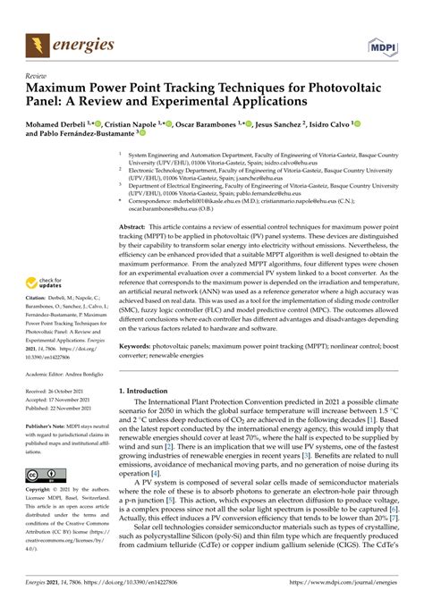 PDF Maximum Power Point Tracking Techniques For Photovoltaic Panel A Review And Experimental