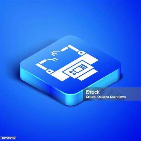 파란색 배경에서 격리된 등각 투영 어셈블리 선 아이콘입니다 자동 생산 컨베이어 로봇 산업 개념 파란색 사각형 버튼입니다 벡터 일러스트레이션 개념에 대한 스톡 벡터 아트 및