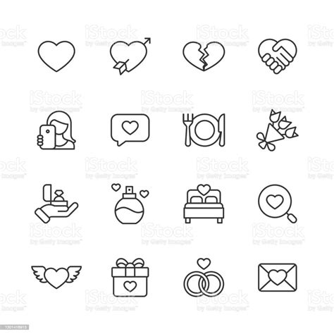 발렌타인 데이와 사랑의 아이콘 편집 가능한 스트로크 픽셀 완벽한 모바일 및 웹용 하트 사랑 선물 상한 마음 축하 로맨스 로맨틱 한 저녁 식사 데이트 셀카 메이크업 향수 소셜