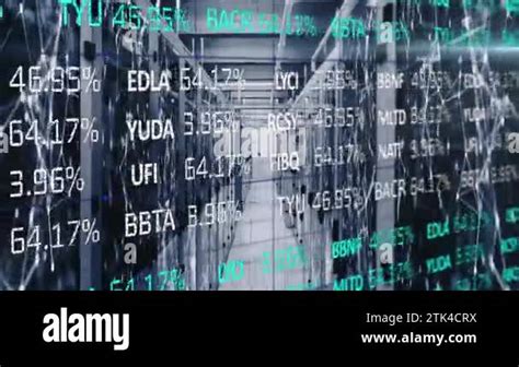 Animation Of Trading Board And Connected Dots Over Server Room In Background Digital Composite