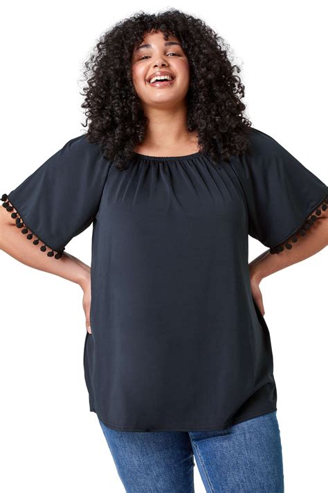 Curve Pom Pom Trim Stretch Bardot Top