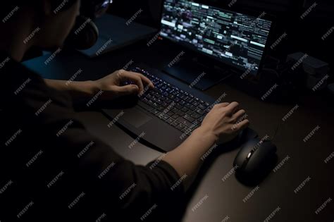 Premium Ai Image A Person Using A Keyboard In A Dark Room