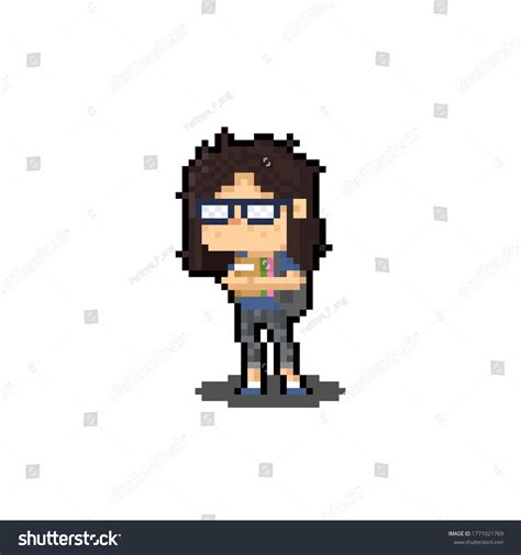 Pixel Art Cartoon Nerd Girl Holding Stock Vector Royalty Free 1771021769
