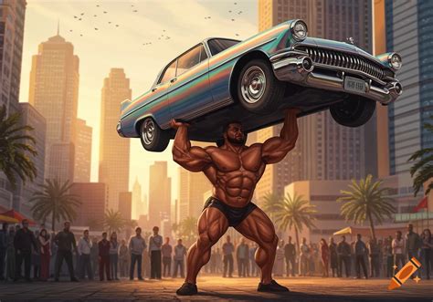 A Muscular Man Lifts A Vintage Car Over His Head On A City Street At