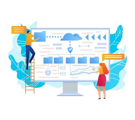 Tiny Character Male Female Standing Computer Digital Monitor Cloud Technology Data Storage