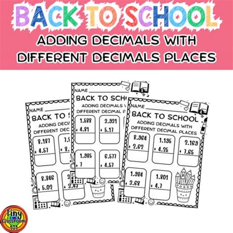 Back To School Adding Decimals With Different Decimal Places Math Worksheets