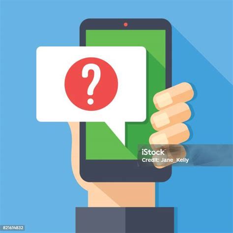 손을 잡고 연설 거품과 물음표 아이콘 스마트폰 도움 질문 지원 디지털 도우미 개념에 대 한 요청 현대 긴 그림자 평면 디자인 벡터 일러스트 레이 션 휴대전화에 대한 스톡