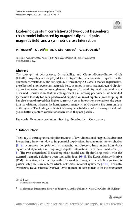 Pdf Exploring Quantum Correlations Of Two Qubit Heisenberg Chain Model Influenced By Magnetic