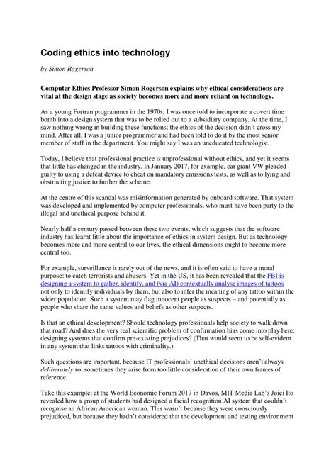 Pdf Coding Ethics Into Technology