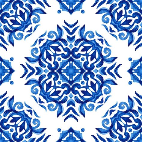 화려한 원활한 파란색 꽃 수채화 패턴 동양 타일입니다 꽃 만다라 Azulejo 타일 디자인 아라베스크 타일 프리미엄 사진