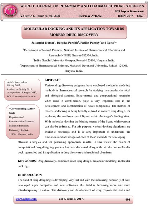 Pdf Molecular Docking And Its Application Towards Modern Drug Discovery