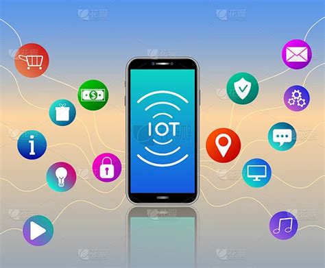无线社交媒体网络通信技术。物联网。物联网的概念。智能手机孤立在桌子上，彩色的移动应用程序图标由线路连素材 花瓣网