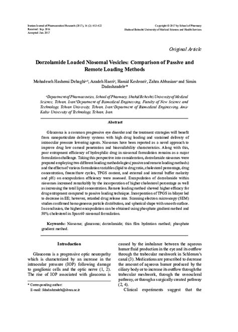 Pdf Dorzolamide Loaded Niosomal Vesicles Comparison Of Passive And Remote Loading Methods