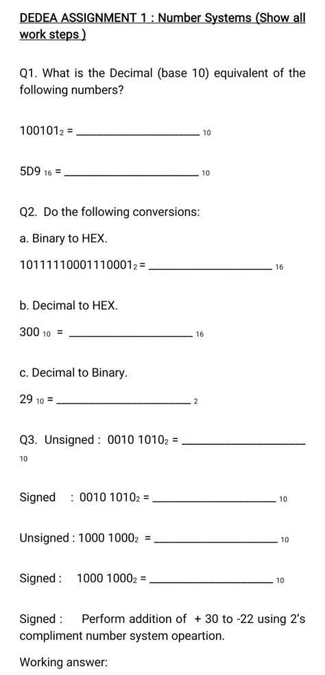 Solved DEDEA ASSIGNMENT Number Systems Show All Work Chegg
