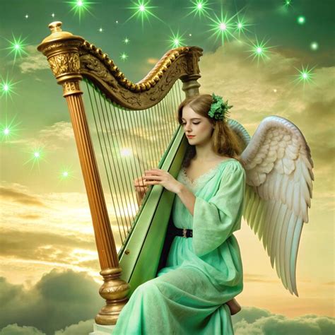 A Woman With An Harp In The Sky With The Words Angel On The Top