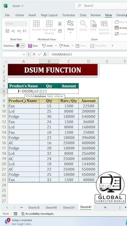 Dsum Function In Ms Excel Excel Exceltutorial Exceltips Dsum