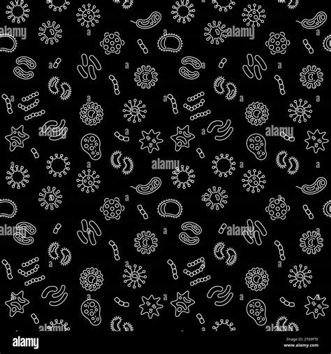 Seamless Vector Pattern With Virus Bacterium Pathogen And Microbe White Icons In Thin Line