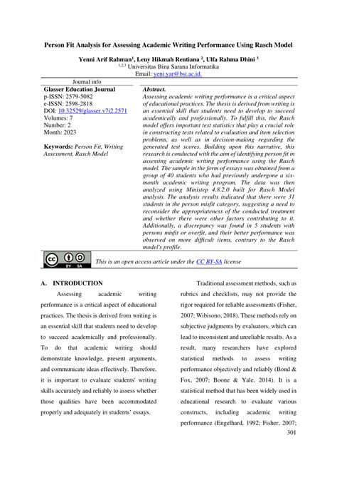 Pdf Person Fit Analysis For Assessing Academic Writing Performance Using Rasch Model