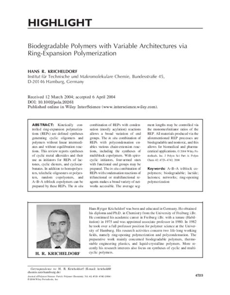 Pdf Biodegradable Polymers With Variable Architectures Via Ring Expansion Polymerization