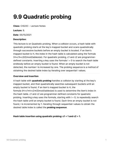 99 Quadratic Probing 9 Quadratic Probing Class Cis22c Lecture