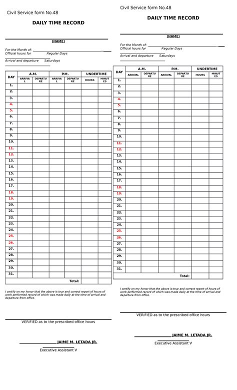 Csc Form 48 Daily Time Record Dtr November Civil Service Form No