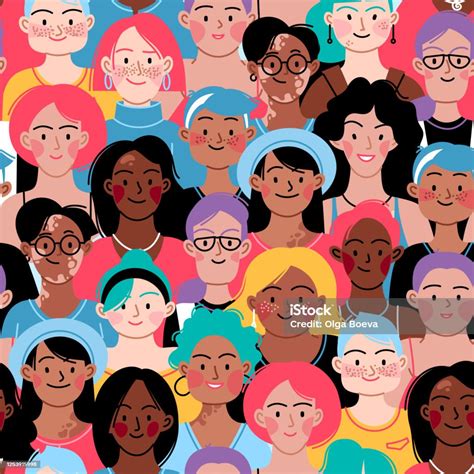 매끄러운 패턴 다른 민족 다른 피부와 다른 몸의 여성 다양한 얼굴 긴 머리에 대한 스톡 벡터 아트 및 기타 이미지 긴 머리 다양성 만화 Istock