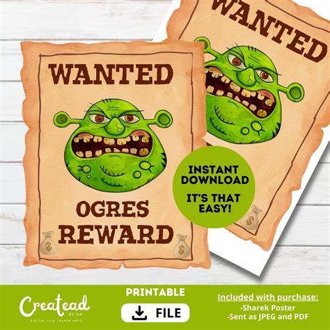 Shrek Wanted Poster Digital Download Shrek Party Decorations Shrek